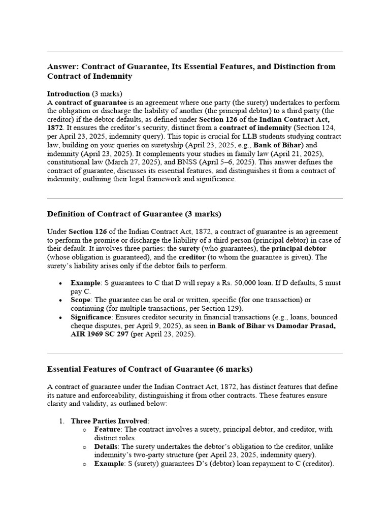 Contract of Guarantee, Its Essential Features, and Distinction From ...