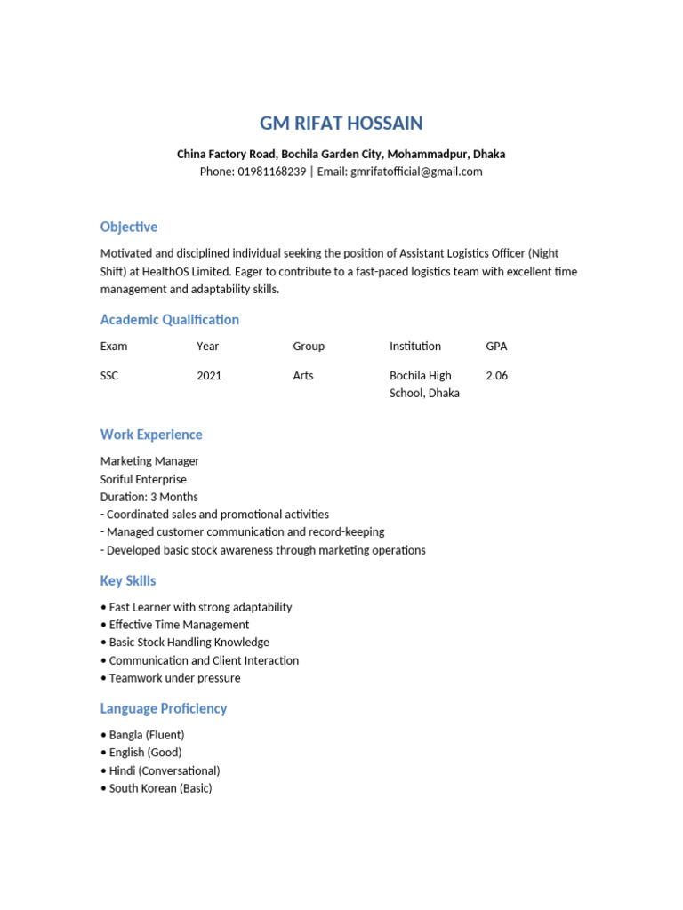 GM Rifat Hossain CV | PDF