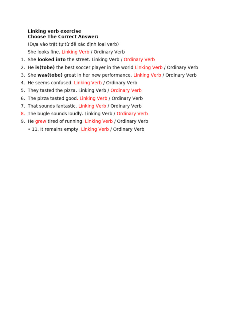 Linking Verb Exercise | PDF