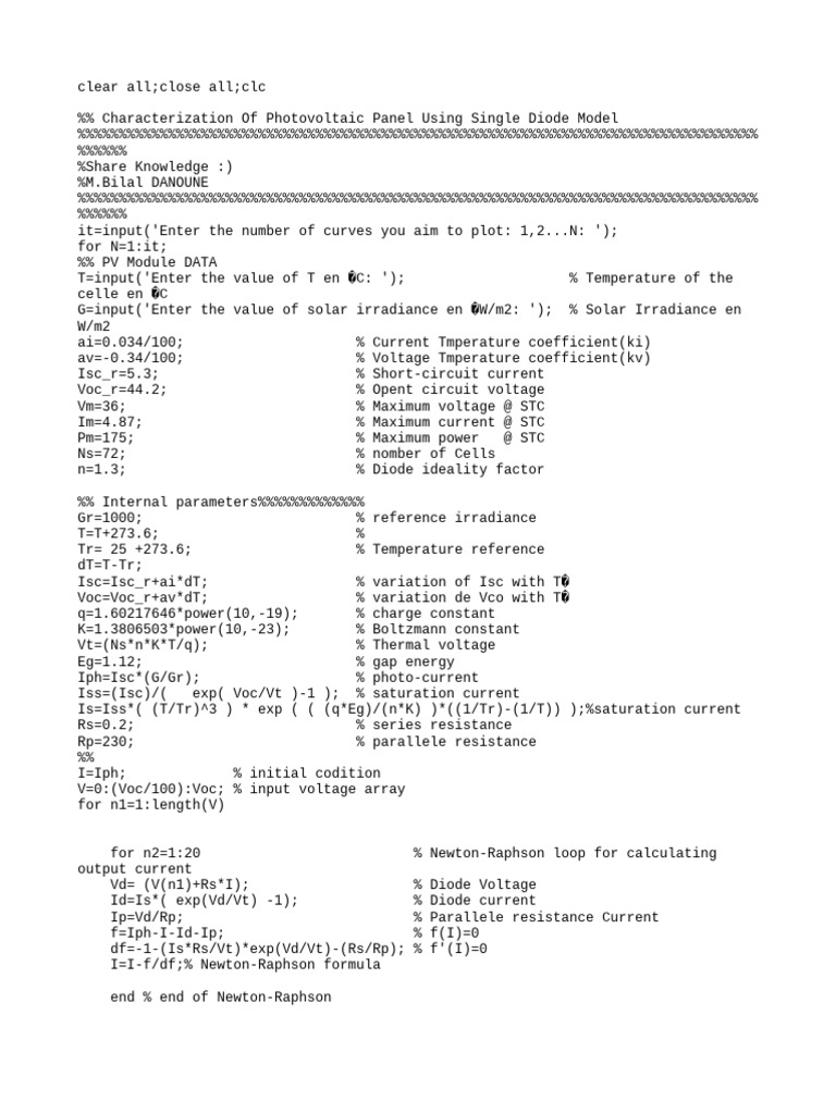 A Simple MATLAB Code For Plotting The I V Curve of | PDF | Solar Panel | Computer Engineering