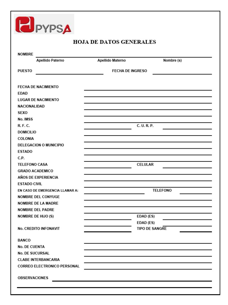 HOJA DATOS GENERALES | PDF