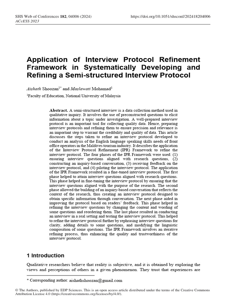 Application of Interview Protocol Refinement Frame | PDF | Qualitative Research | Interview