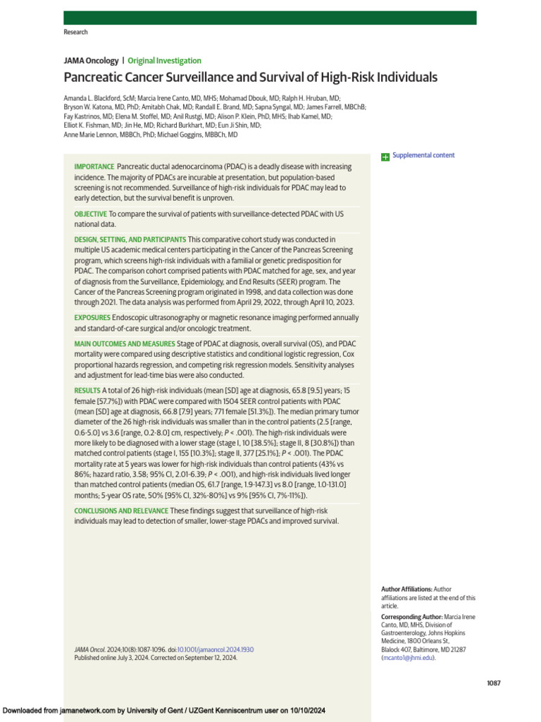 Blackford Et Al Pancreatic Cancer Surveillance and Survival of High ...