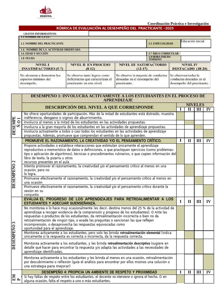 Rúbrica para Evaluar El Desempeño (Docente de Aula) | PDF | Evaluación | Aprendizaje