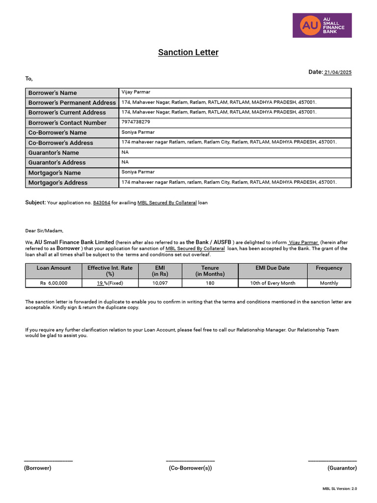 Sanction Letter | PDF | Loans | Interest