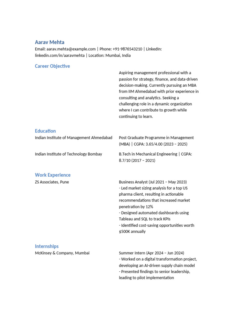 Aarav Mehta: IIM Resume Overview | PDF | Business | Computing