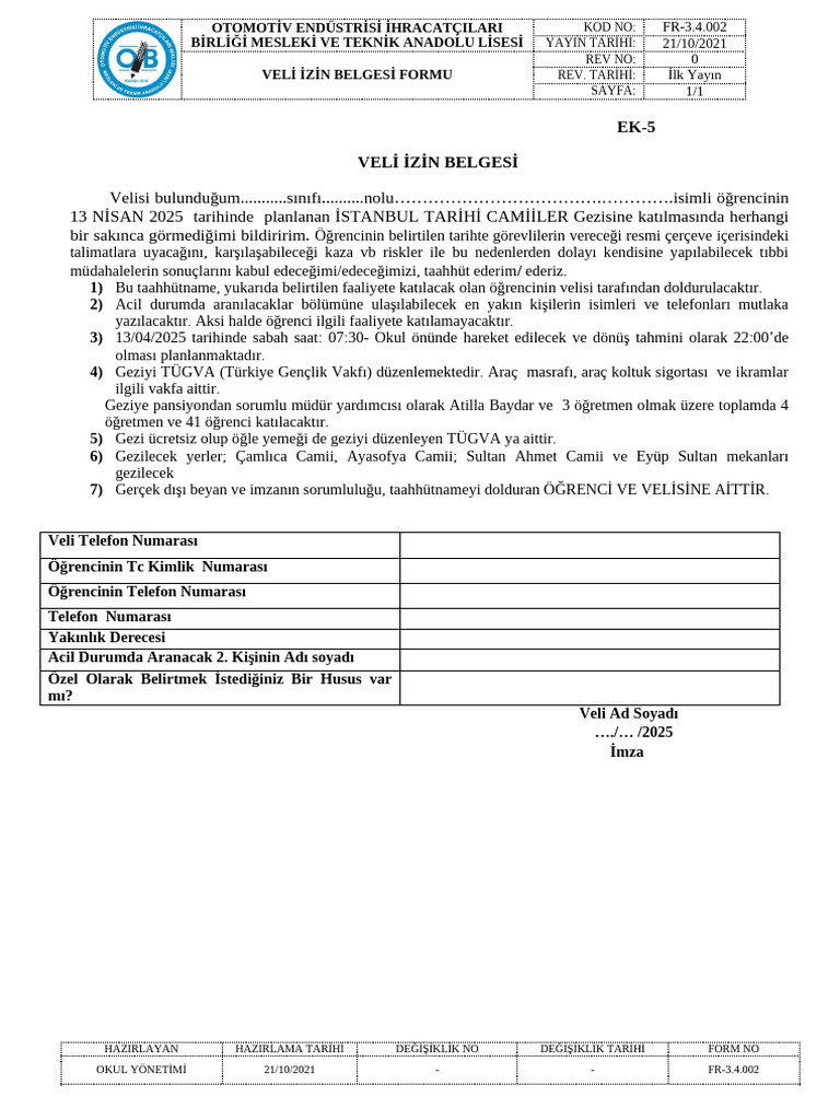 Veli̇ i̇zi̇n Belgesi̇ Formu Çanakkale-1 | PDF