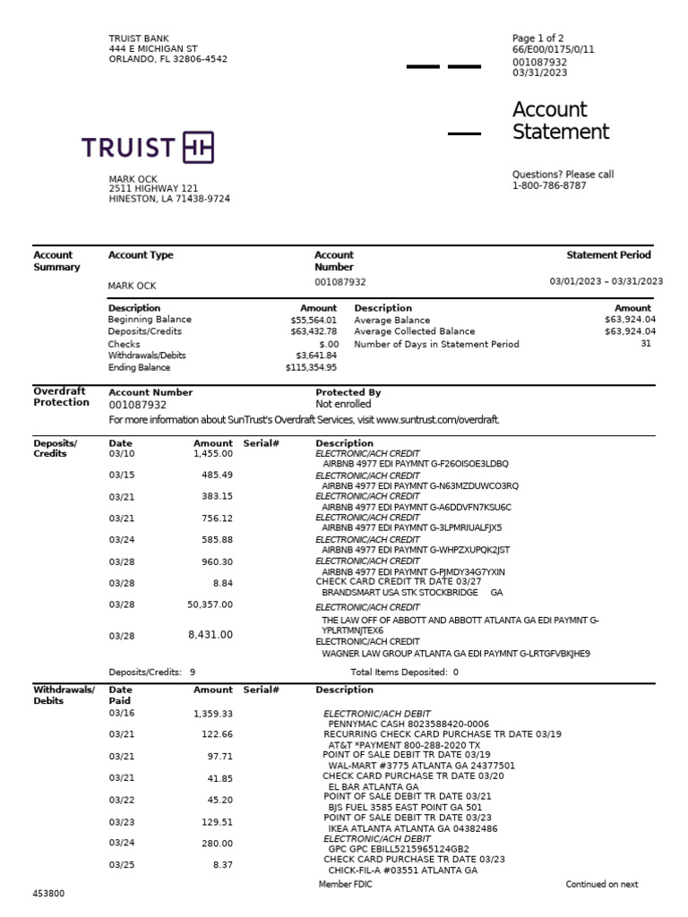 Truist Bank Account Statement Summary | PDF | Debit Card | Overdraft