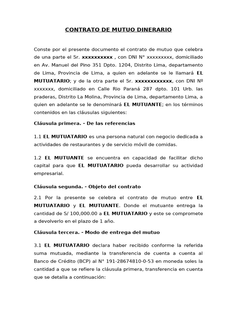 Contrato de Mutuo Dinerario | PDF | Crédito | Finanzas y dinero