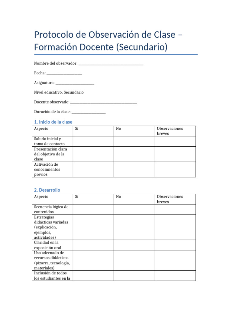 Protocolo Observacion Clase Secundario Completo | PDF