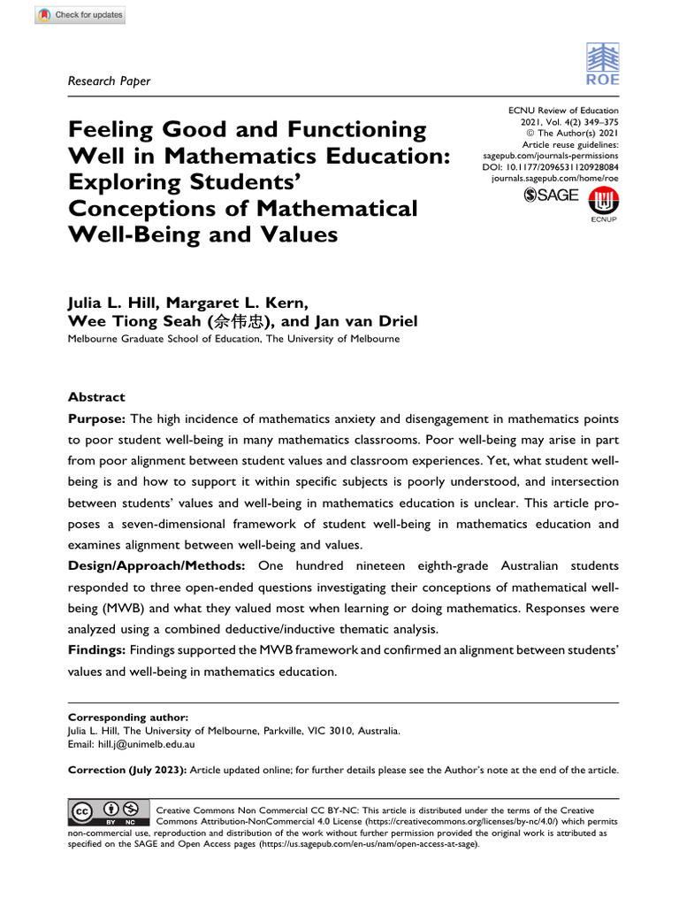 Hill Et Al 2020 Feeling Good and Functioning Well in Mathematics ...