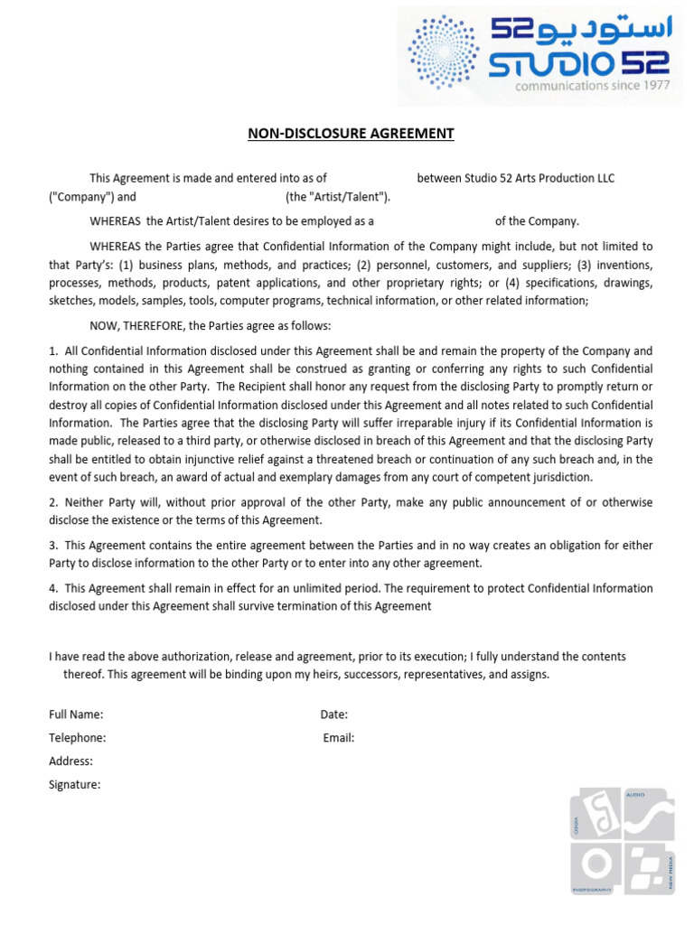 Non-Disclosure Agreement with Studio 52 | PDF | Non Disclosure ...
