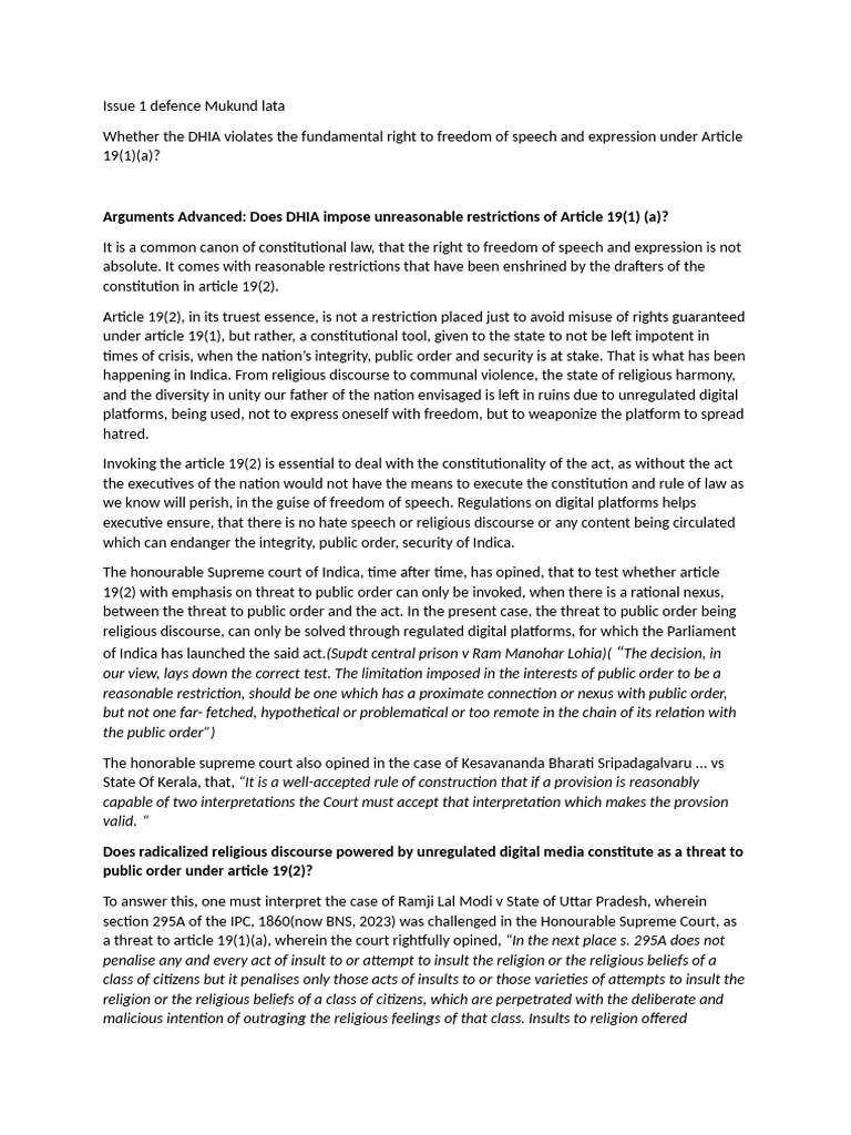 Issue_1_defence_Mukund_lata edited with additional om kumar and ep royappa case | PDF | Freedom ...