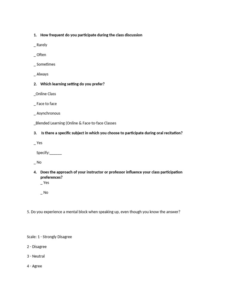 Class Participation Preferences Survey | PDF