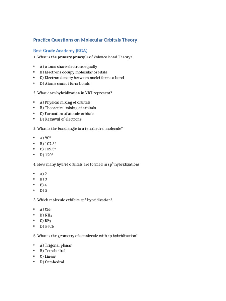 Molecular Orbital Theory Practice Questions | PDF | Chemical Bond ...