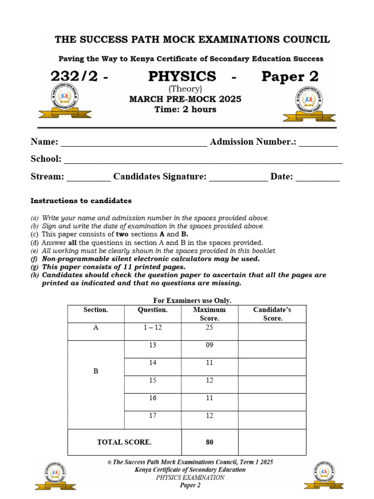 Pre-Mock Physics Pp2 Qs 2025 | PDF | Capacitance | Capacitor