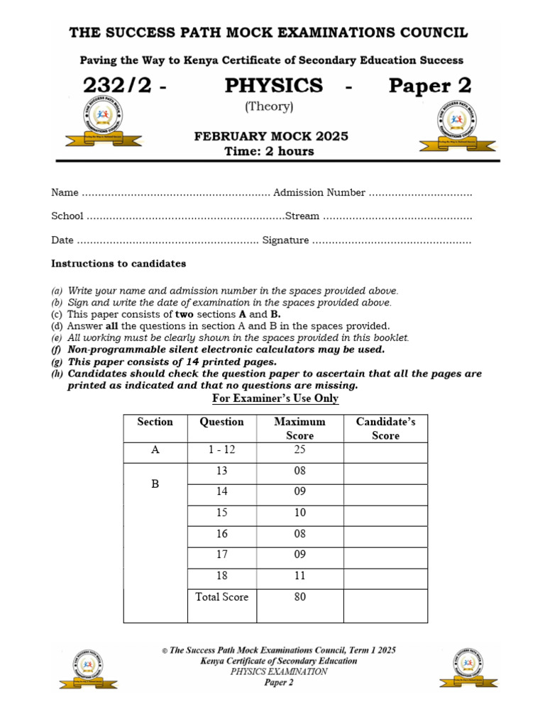SUCCESS FEB 2025 PHYSICS PP2 QS | PDF | Switch | Waves