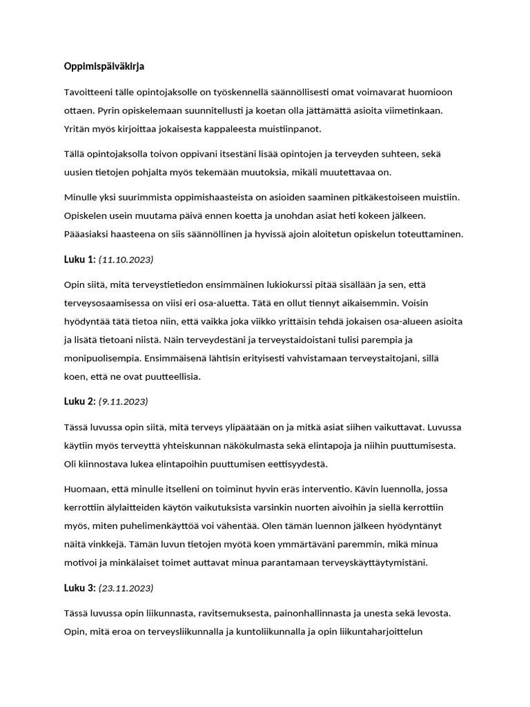 Oppimispäiväkirja Terveystieto | PDF