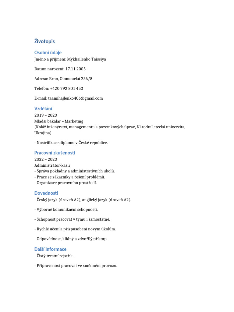 Mykhailenko Taissiya Zivotopis | PDF