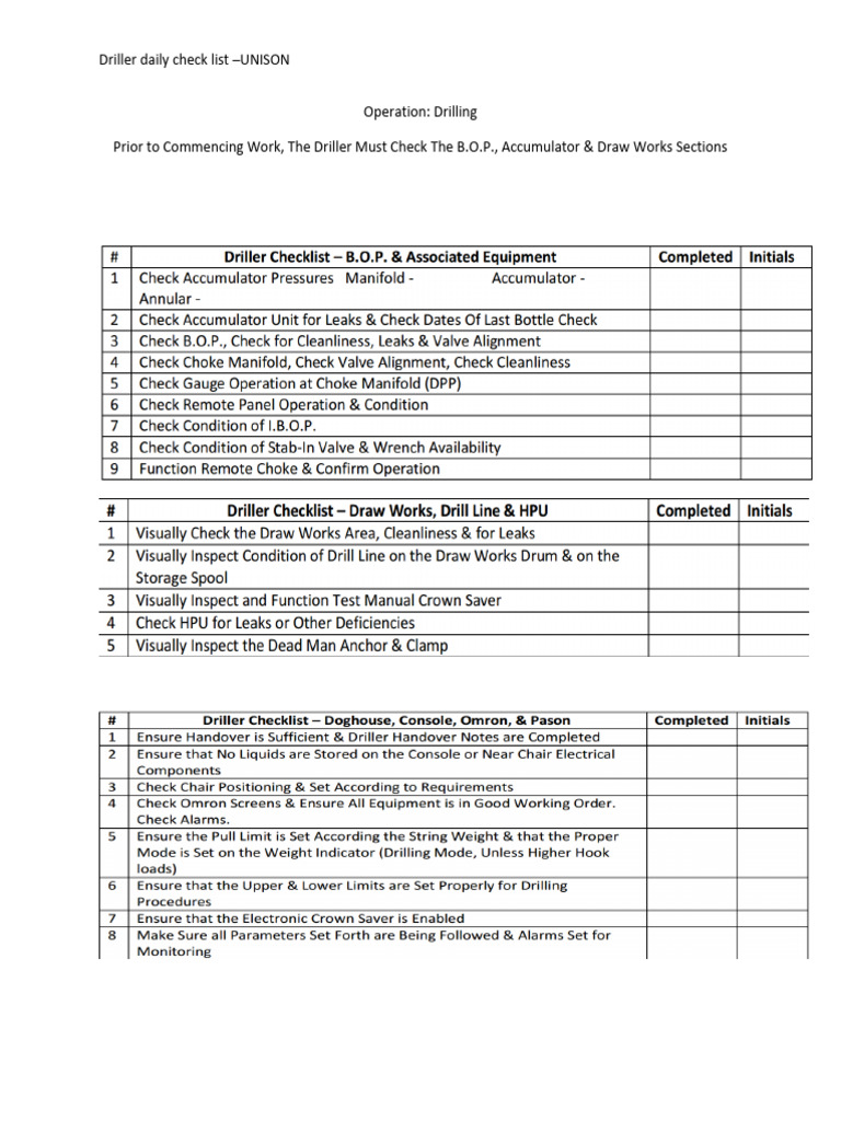 Driller CHECKLIST Unison | PDF