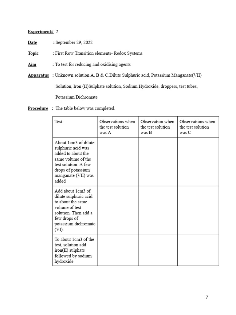 Cape Chemistry Unit 1 - Redox Lab - September 29,2023 | PDF | Hydroxide ...