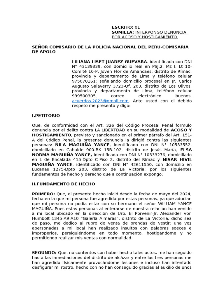 Escrito - Denuncia Por Acoso y Hostigamiento - Liliana | PDF | Justicia | Crimen y violencia