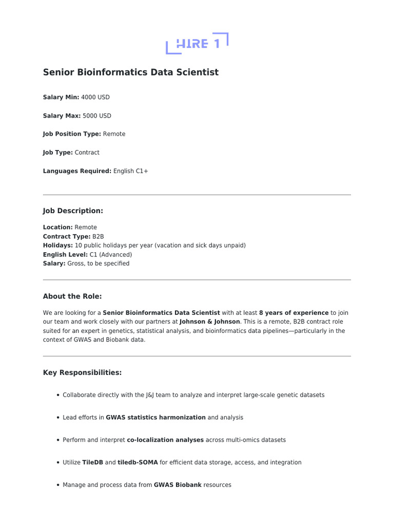 Senior Bioinformatics Data Scientist Role | PDF