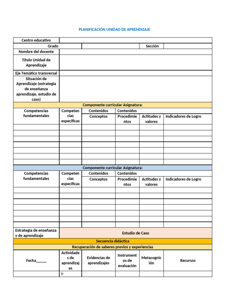 Esquema de Planificación Unidad de Aprendizaje | PDF | Evaluación | Enseñando