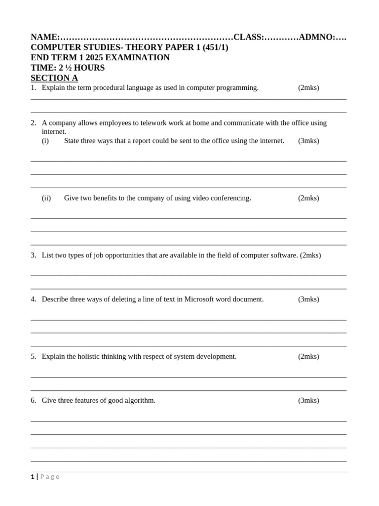 Computer Studies F4T1 2025 QS | PDF | Databases | Data