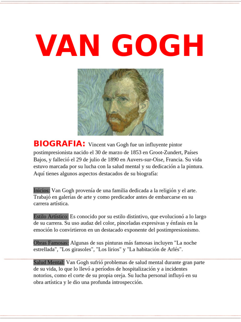 Biografía de Vincent van Gogh | PDF | Vincent Van Gogh | Las artes