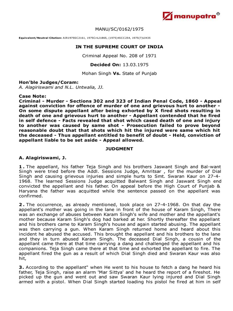 Mohan Singh vs State of Punjab 13031975 SCs750162COM816319 | PDF ...