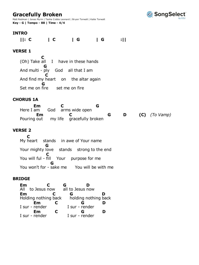 Gracefully Broken - SongSelect Chart in G | PDF