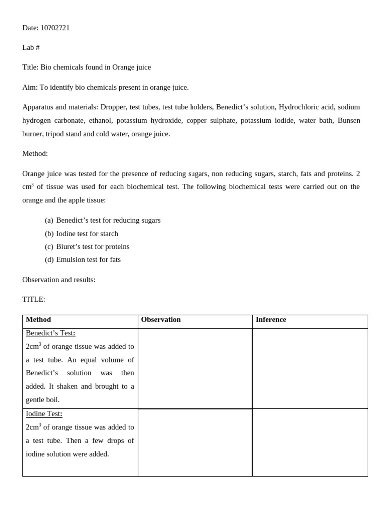 Lab 10 - Biochemical in Orange Juice | PDF