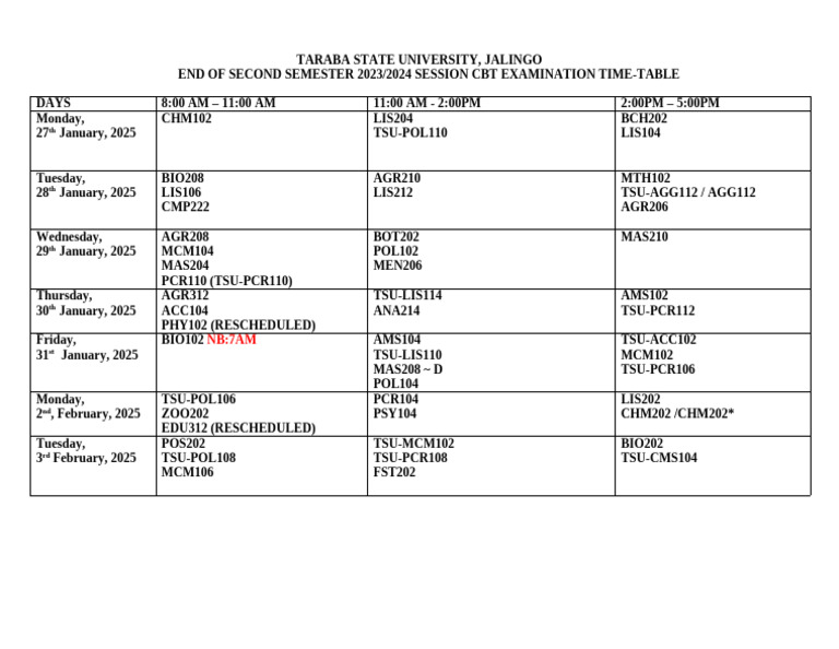 RESCHEDULED 2ND SEMESTER CBT 2023_2024 TIME-TABLE | PDF