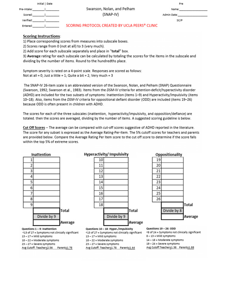 PEERS SNAP-IV - Score Sheet | PDF | Attention Deficit Hyperactivity ...
