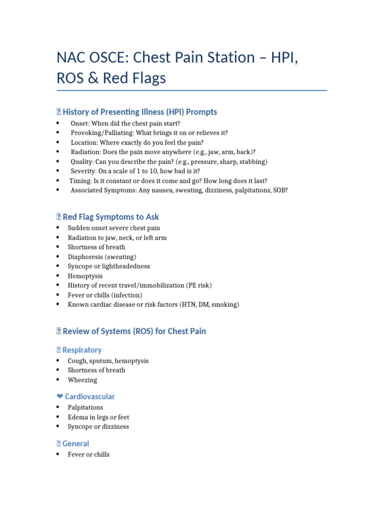 NAC OSCE Chest Pain HPI ROS RedFlags | PDF