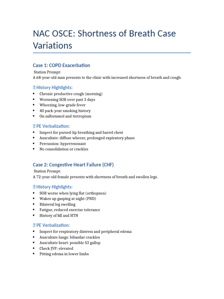 NAC OSCE SOB Case Variations | PDF | Cough | Edema
