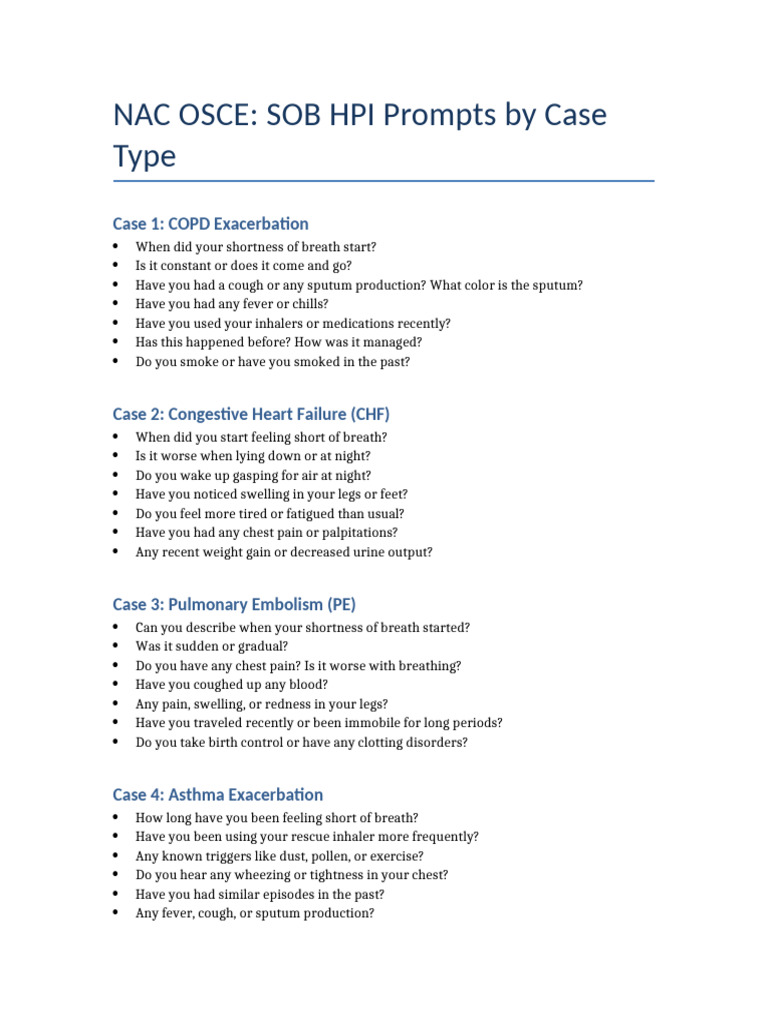 NAC OSCE SOB HPI Prompts by Case | PDF
