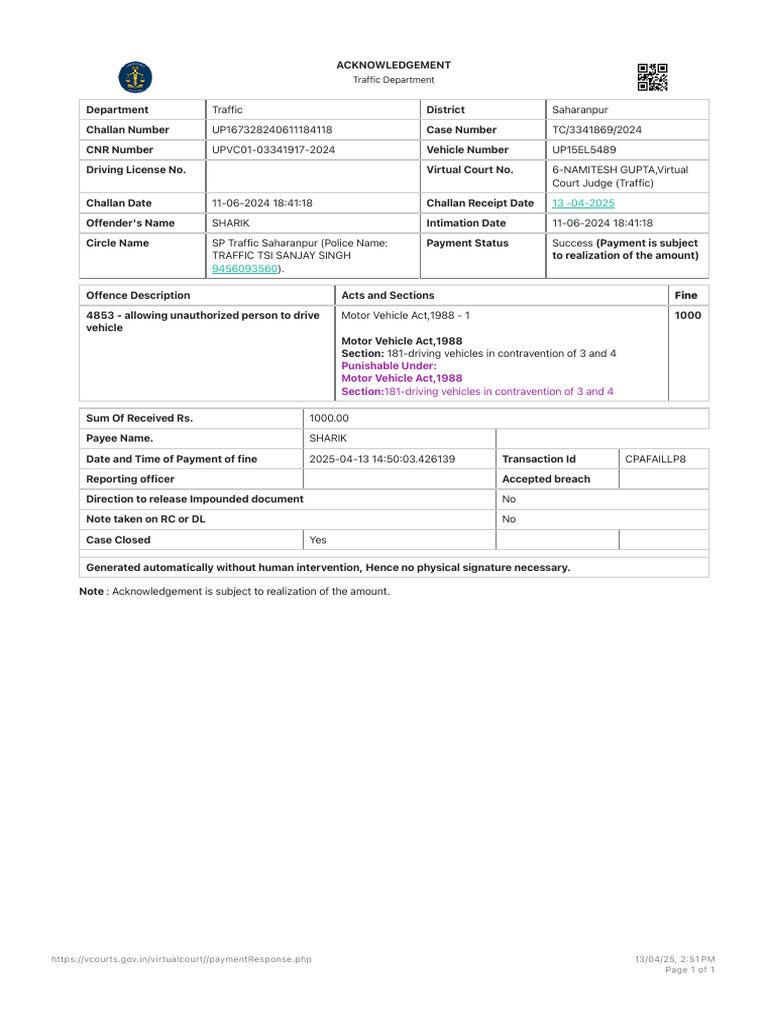 TDS E-Payment Acknowledgement for Fine | PDF | Land Transport | Road ...