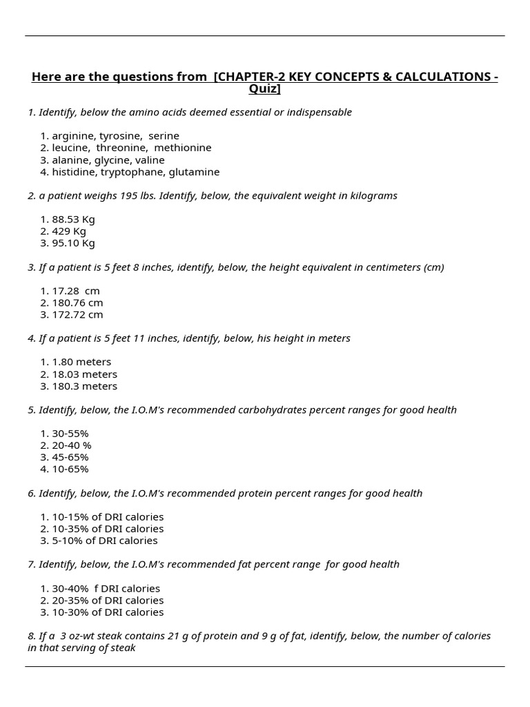 CHAPTER-2 KEY CONCEPTS & CALCULATIONS - Quiz | PDF | Dietary Fiber | Diet & Nutrition