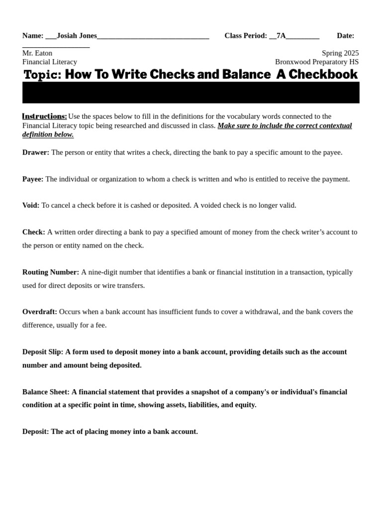 Check Writing and Balancing Checkbooks Vocabulary Worksheet Spring 2025 ...