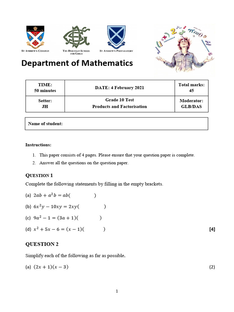 Gr10 Test 2021 Products & factorisation | PDF | Mathematics