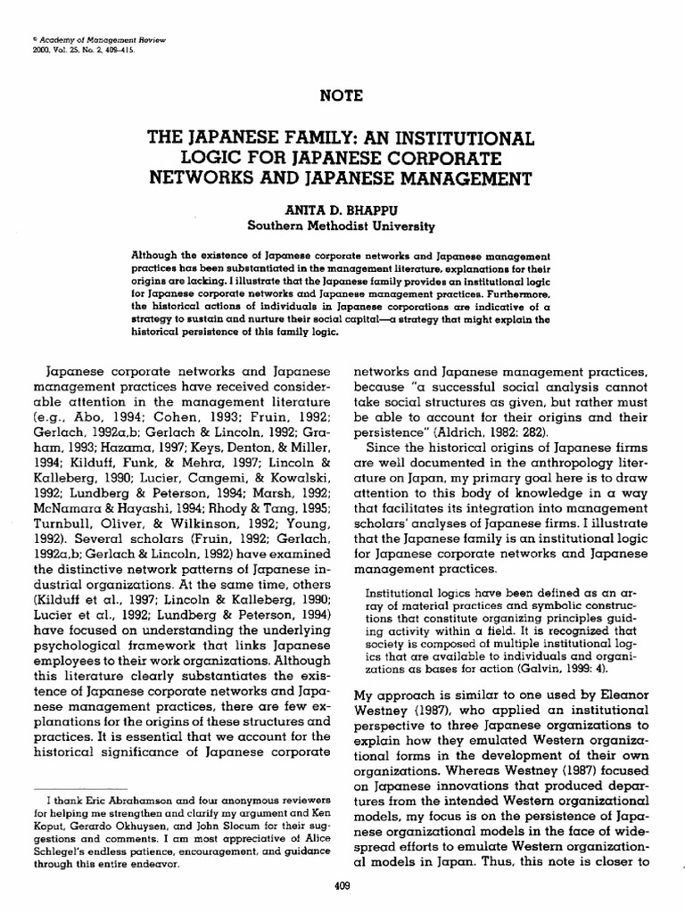 The Japanese Family An Institutional Logic For Japanese Corporate ...