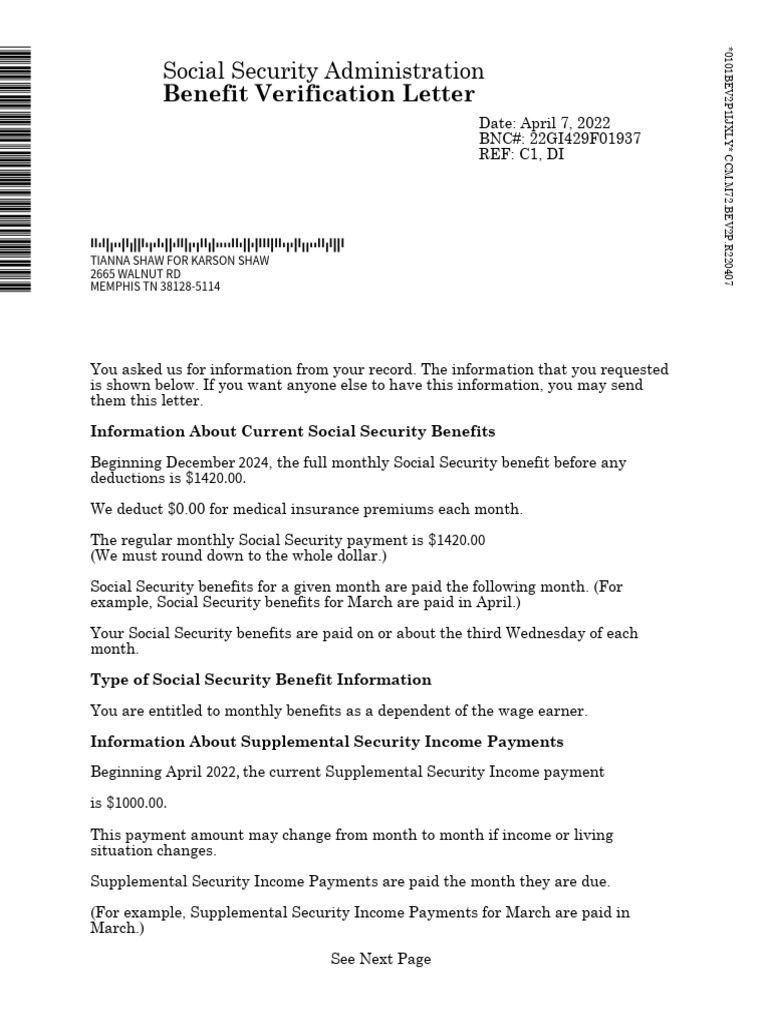 Benefit Verification Letter PDF | PDF | Social Security (United States ...
