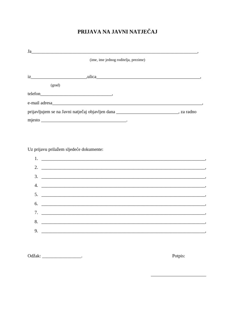 Obrazac Prijave Konkurs | PDF