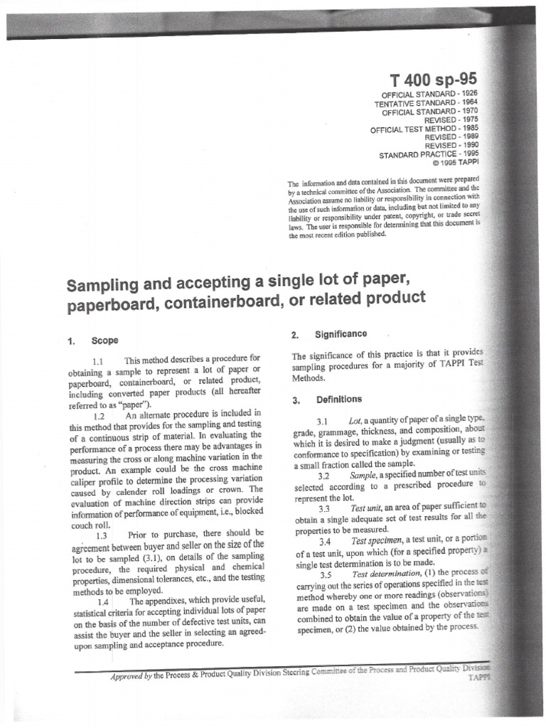 NORMA TAPPI T 400 Sampling and Accepting A Single Lot of Paper v1995 | PDF