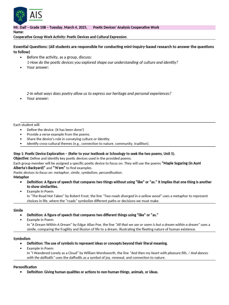 Grade 10B - Poetic Devices Analysis | PDF | Poetry | Metaphor