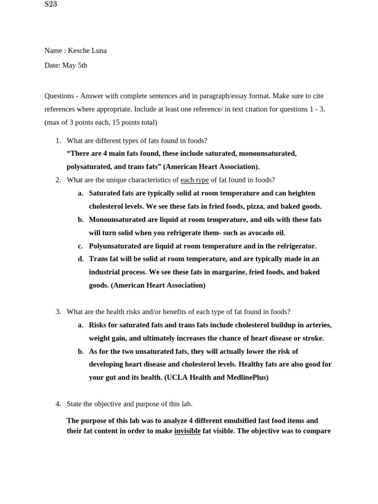 Lab 4 Fat Content in Fast Foods Template 2023 | PDF | Fat | Calorie