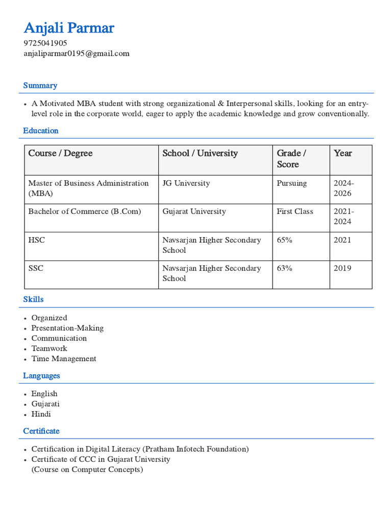 MBA Student Seeking Entry-Level Role | PDF