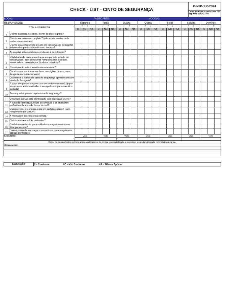 CHECK LIST - CINTO DE SEGURANÇA | PDF